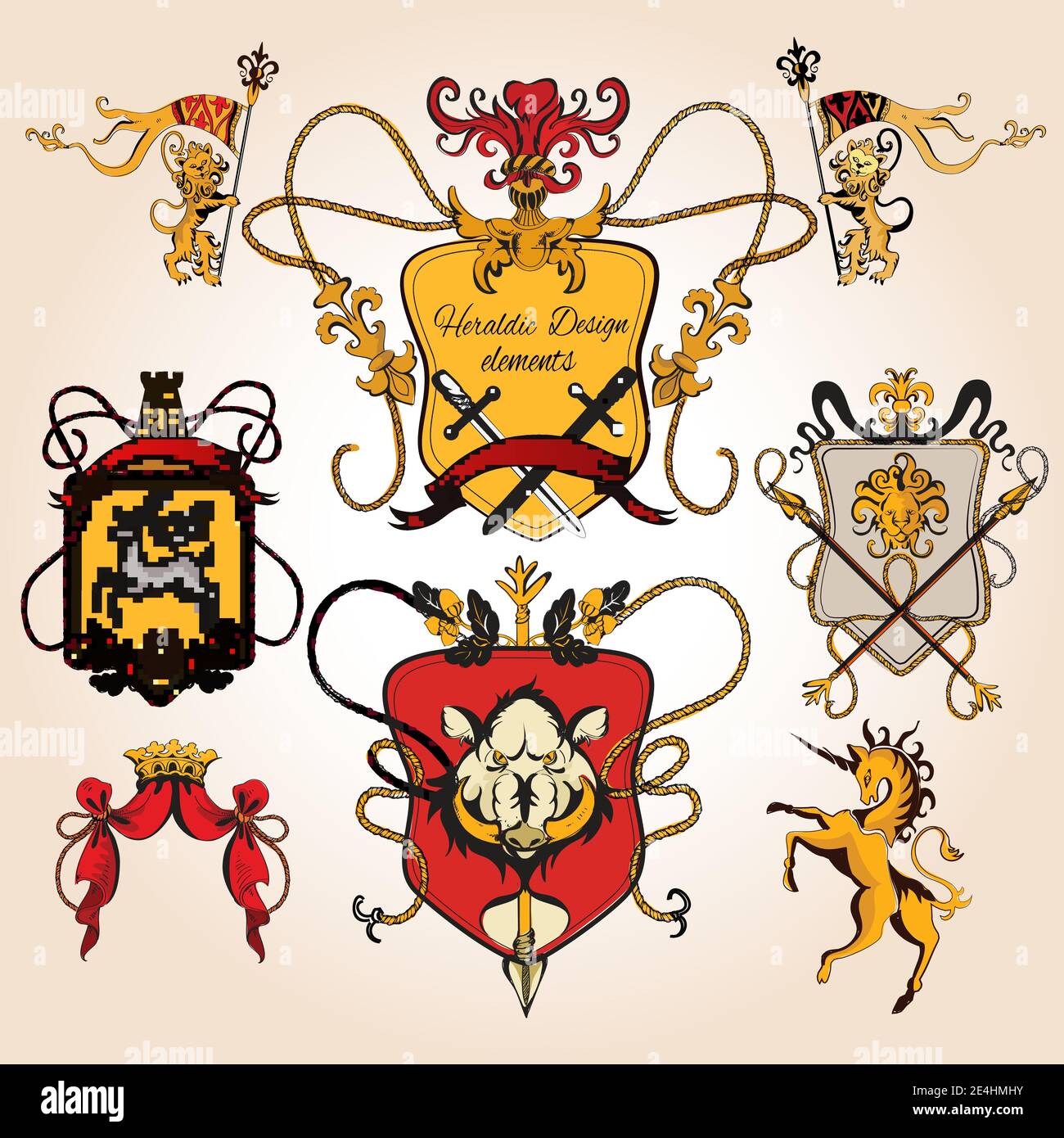 Heraldic design colored elements decorative retro monogram sketch set ...