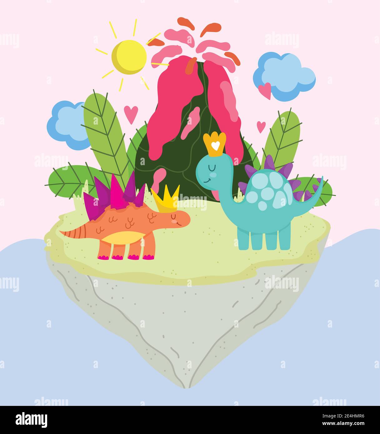 funny cartoon dinos animals prehistoric volcano vector illustration ...