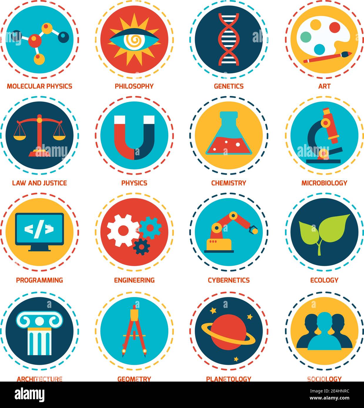 Science areas icons set with molecular physics philosophy genetics art ...