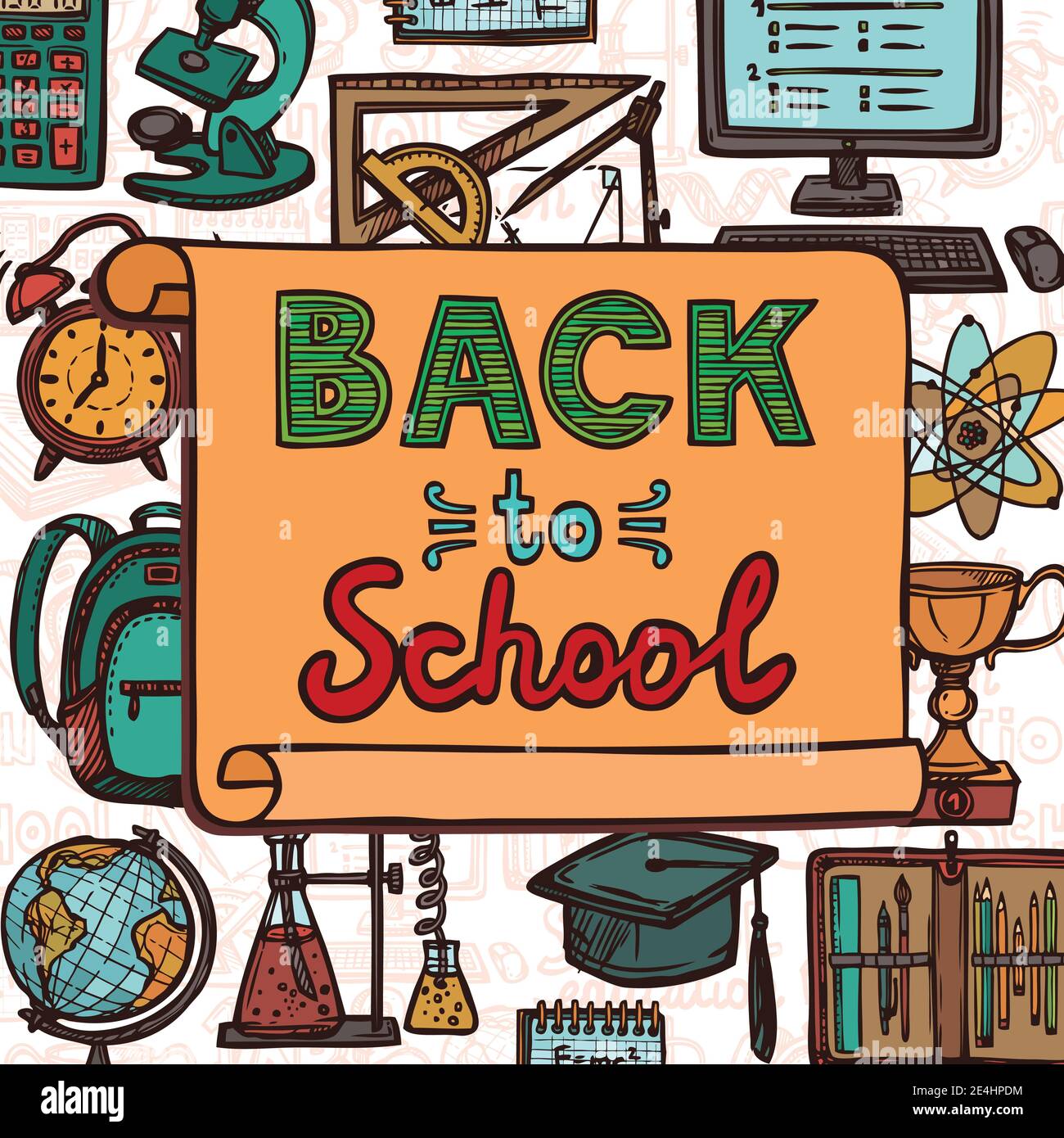 Retro school and university education colored sketch icons back to ...