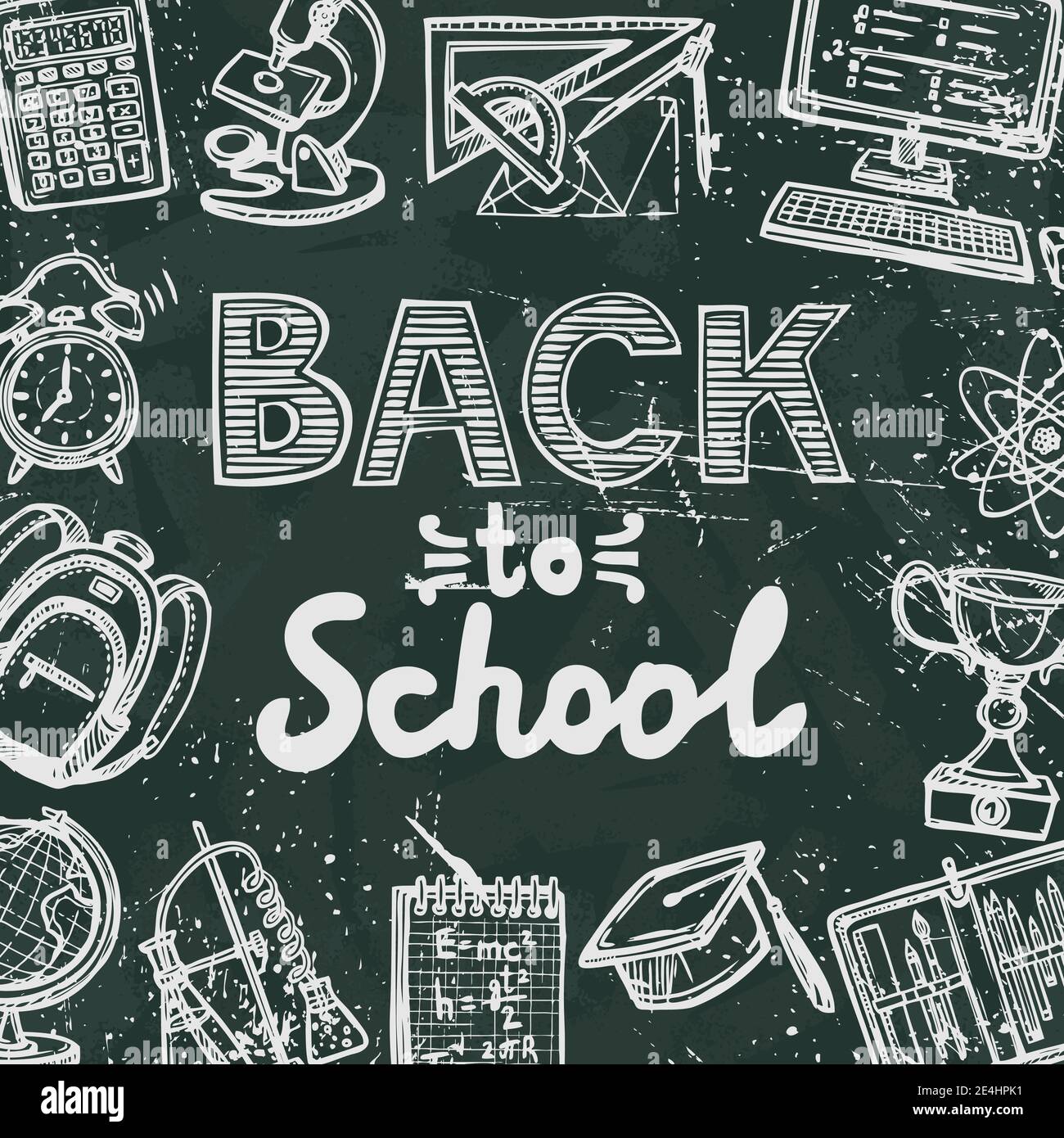 Retro education icons on blackboard background with back to school text ...