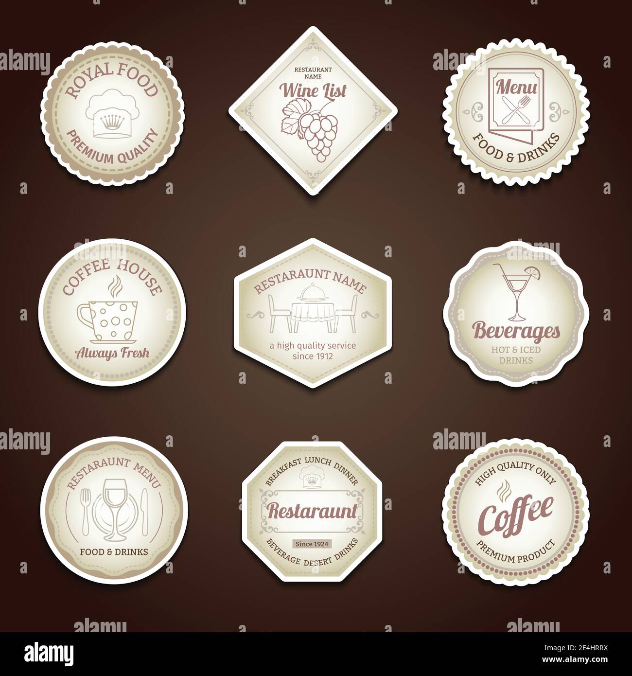 Restaurant menu labels set with cooking and dinner symbols isolated ...