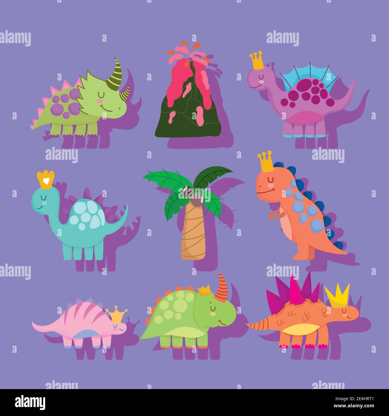 cute dinos extinct and volcano palm nature cartoon icons vector ...