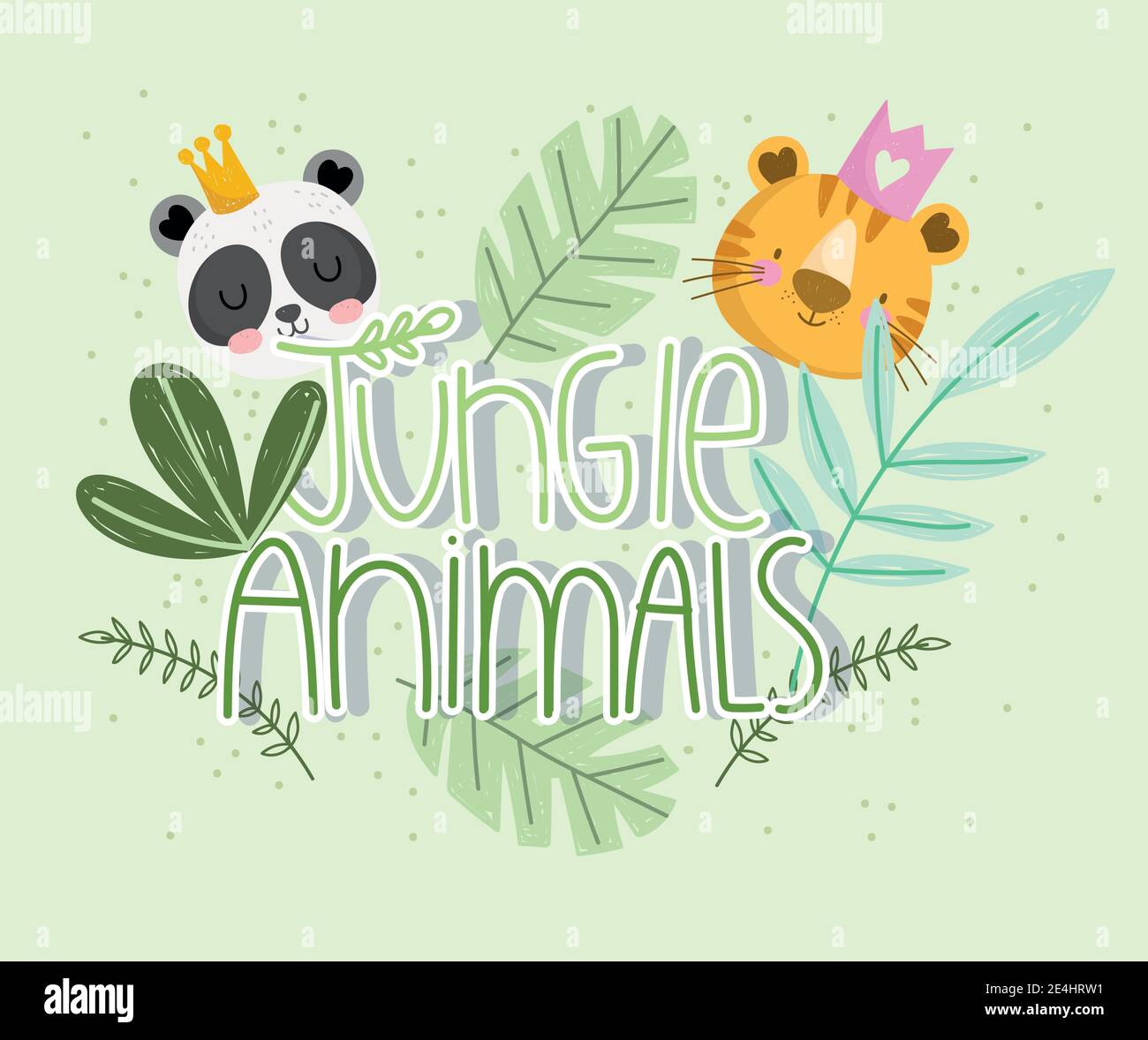jungle animals handwritten text with panda tiger heads leaves nature ...