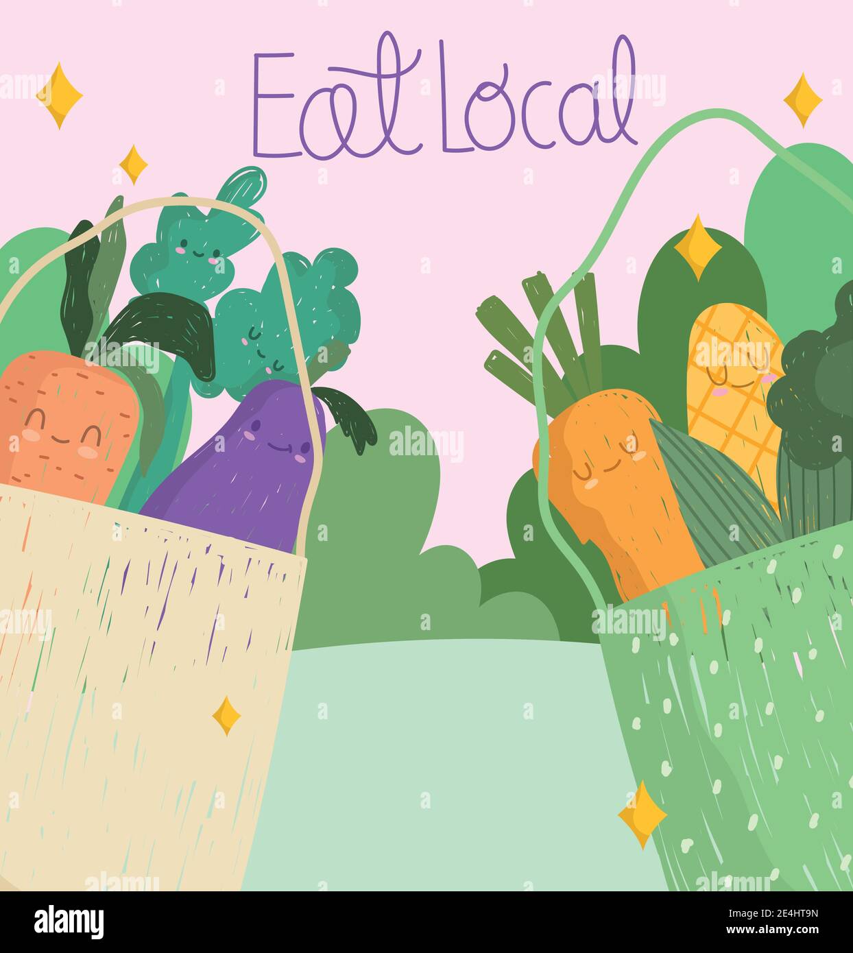 eat local, market bags with fresh vegetables healthy food cartoon ...