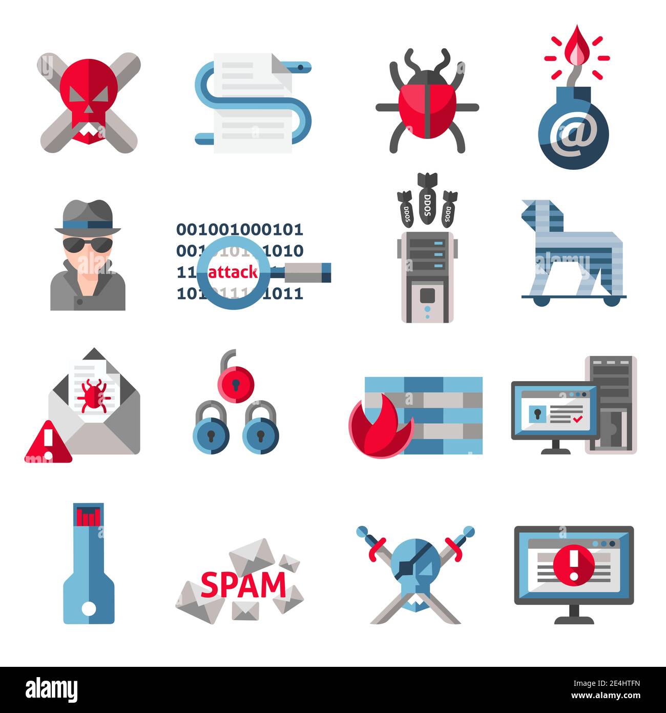 Hacker activity computer and e-mail spam viruses icons set isolated ...