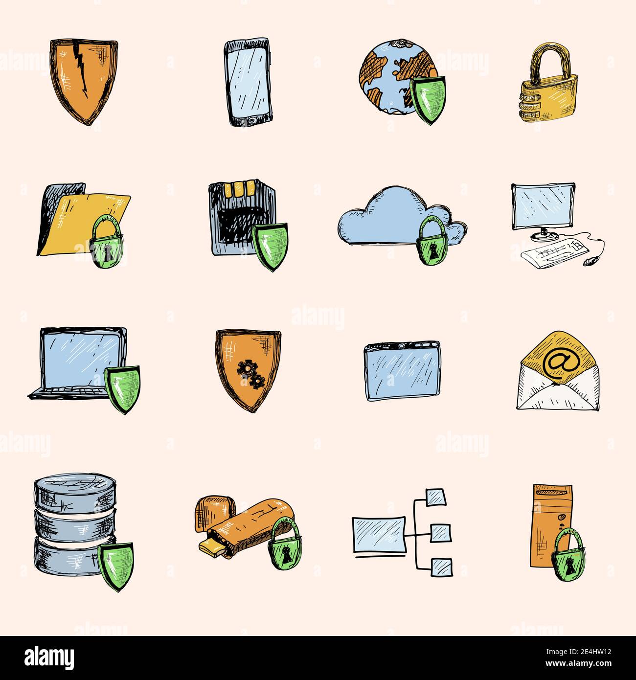 Computer data protection and secure information exchange sketch icons ...