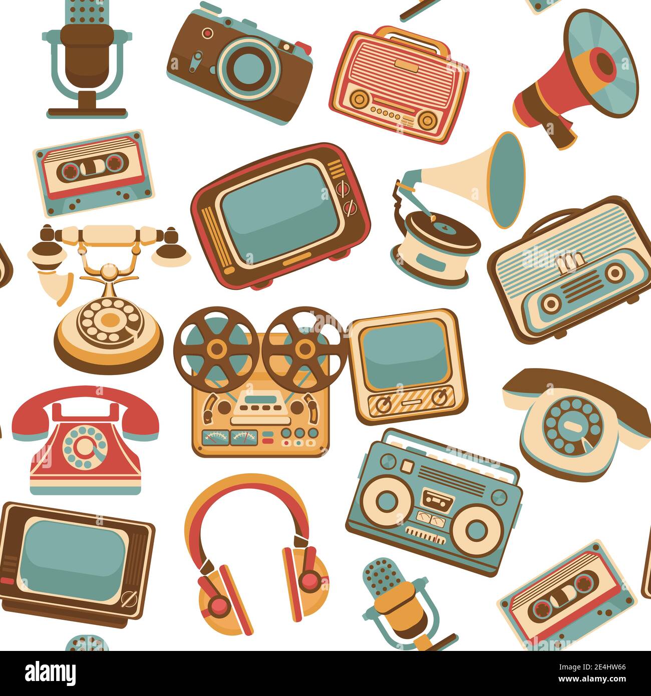Vintage media gadgets colored seamless pattern with vintage electronic ...