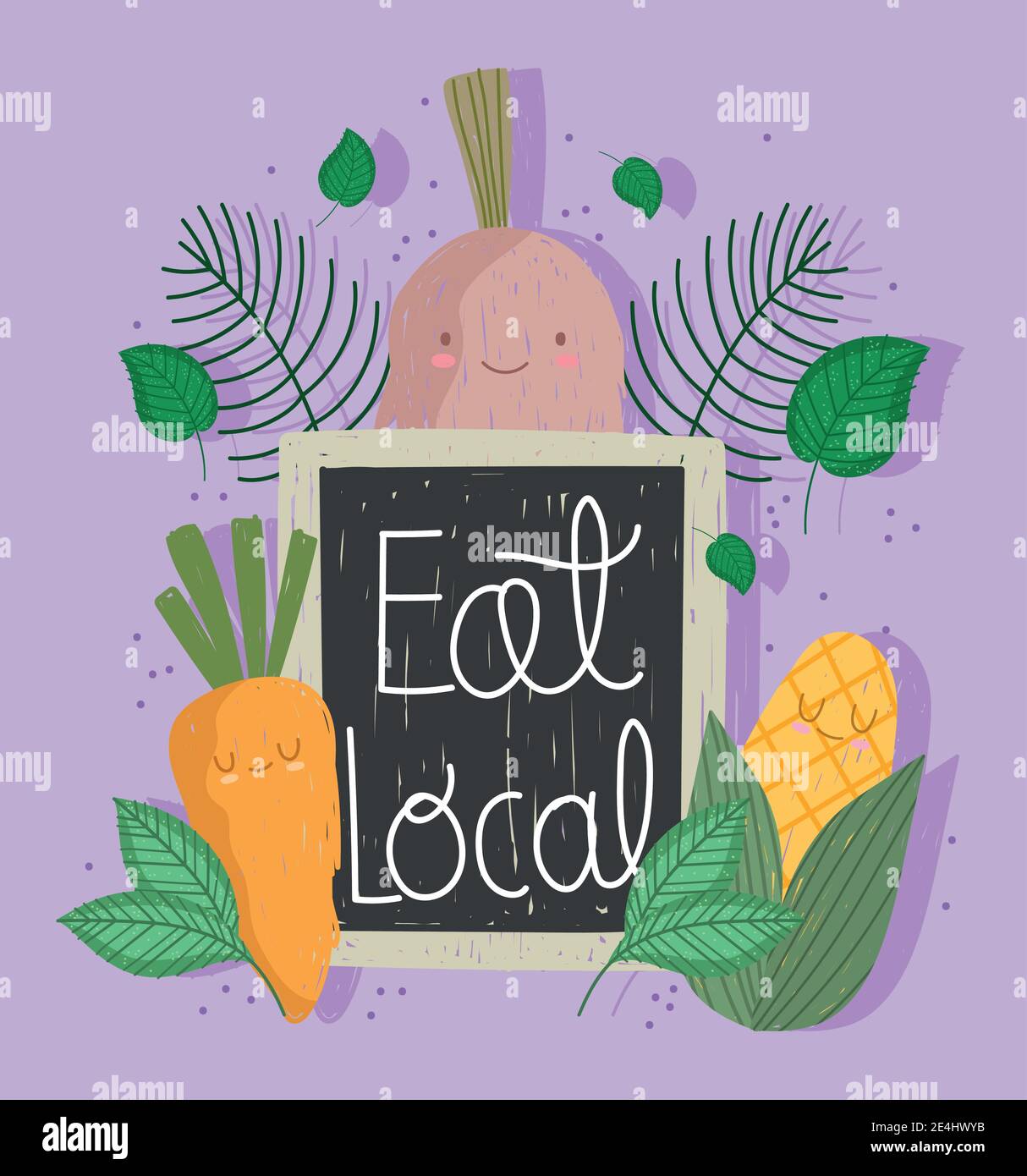 eat local board, cartoon vegetables carrot corn and onion vector ...