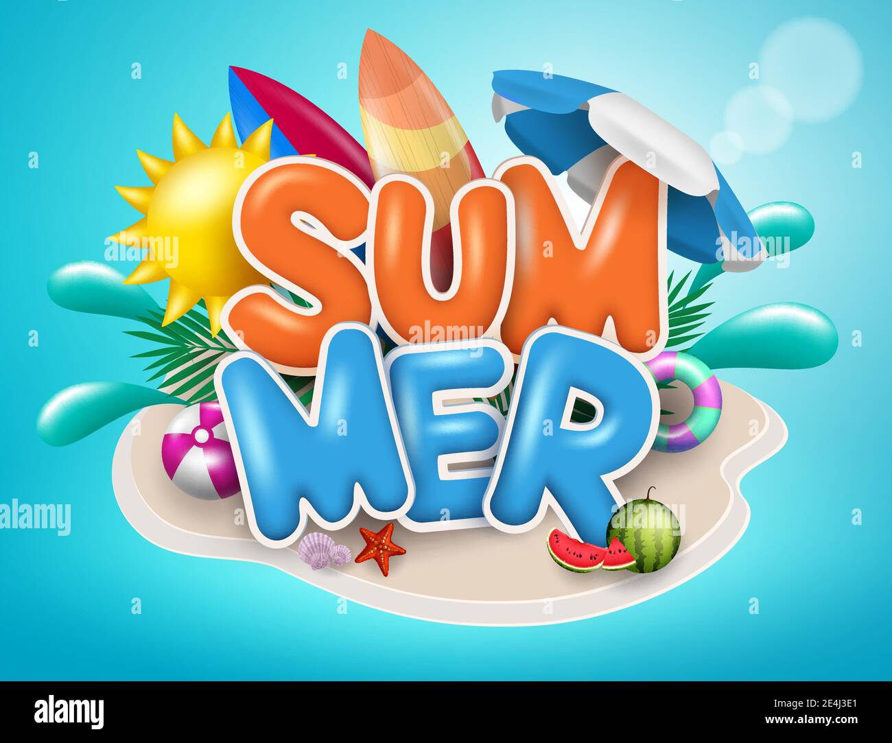 Summer vector concept design. Summer text in island with beach element ...