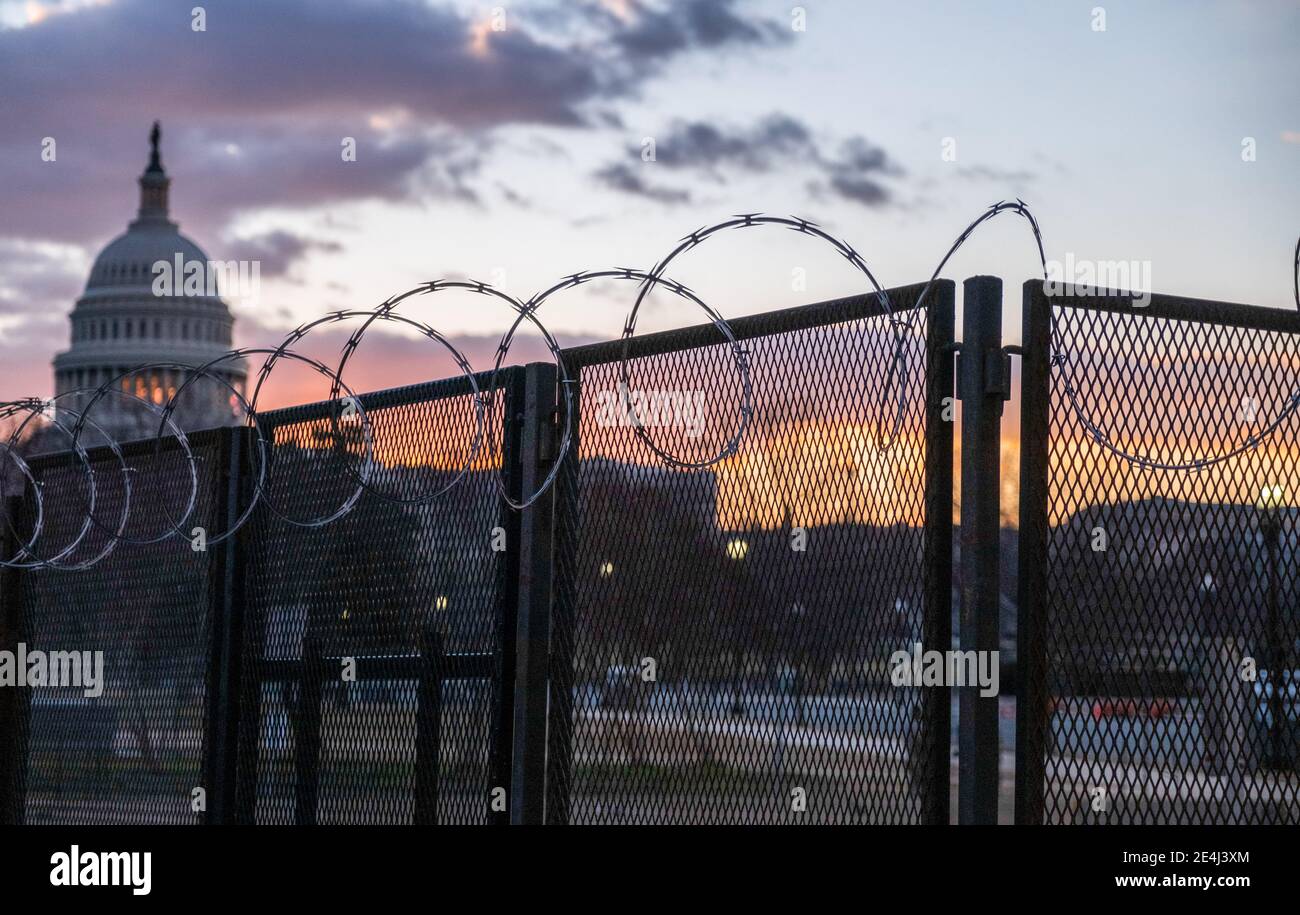 Razor wire and fences still surround the United States Capitol building ...