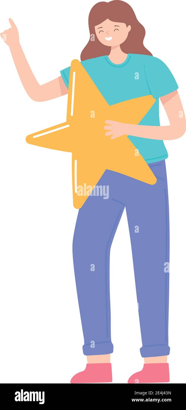 young woman with huge star character cartoon vector illustration white ...