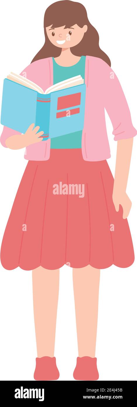 young woman with book reading and studying education vector ...
