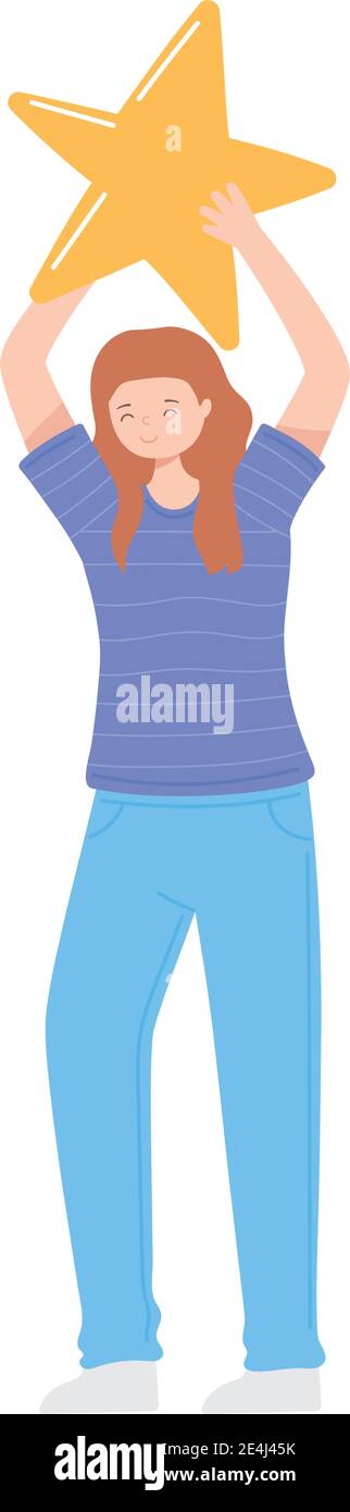 young woman with huge star character cartoon vector illustration white ...