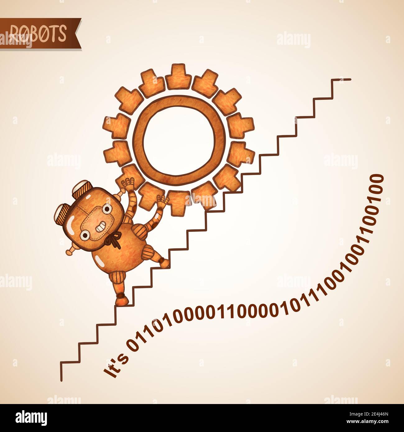 Robot pushing heavy gear upstairs, business concept vector illustration ...
