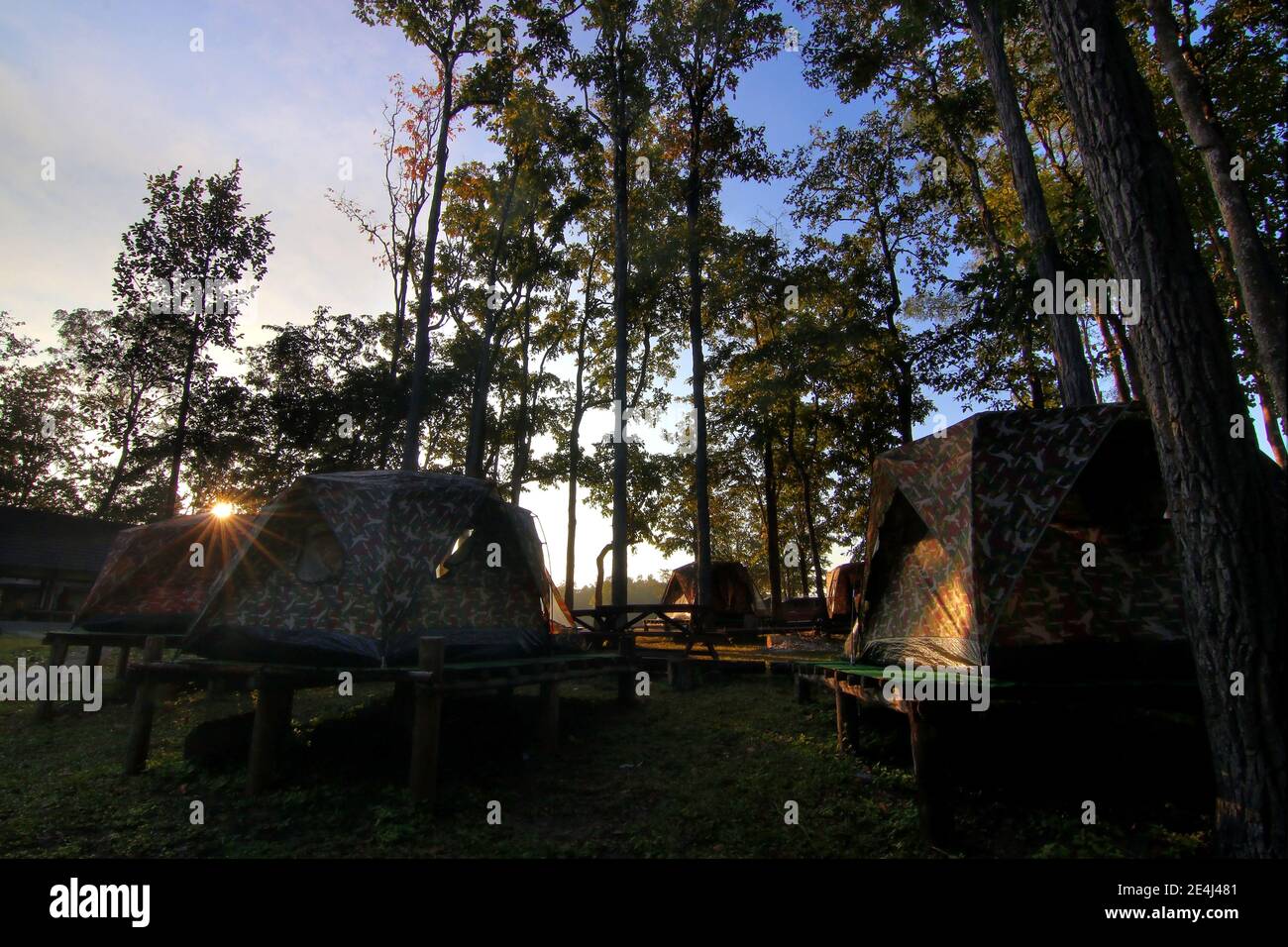 camping tents at the outdoor camp site with nature background Stock ...