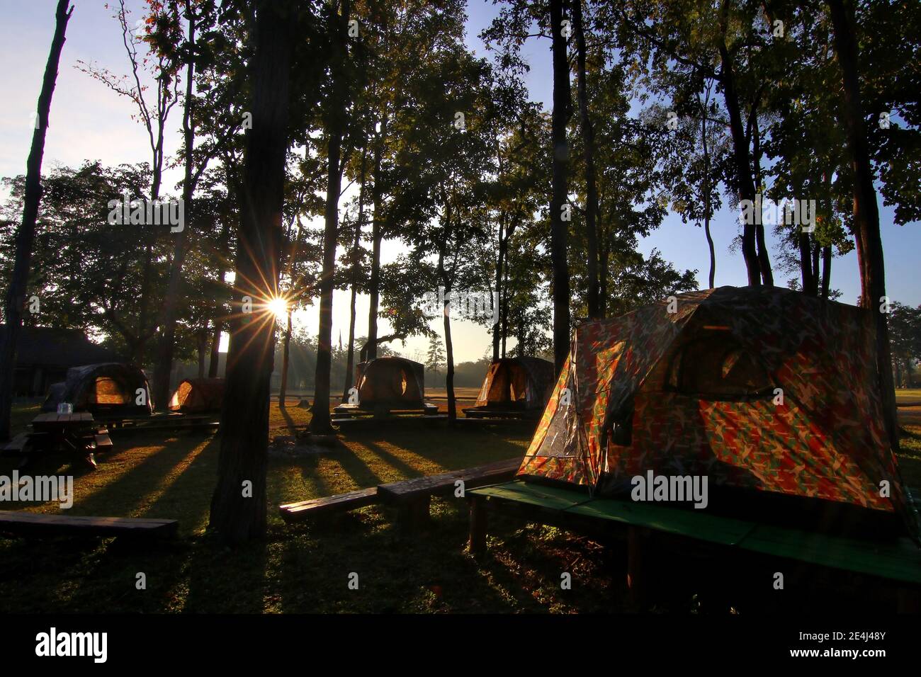 camping tents at the outdoor camp site with nature background Stock ...
