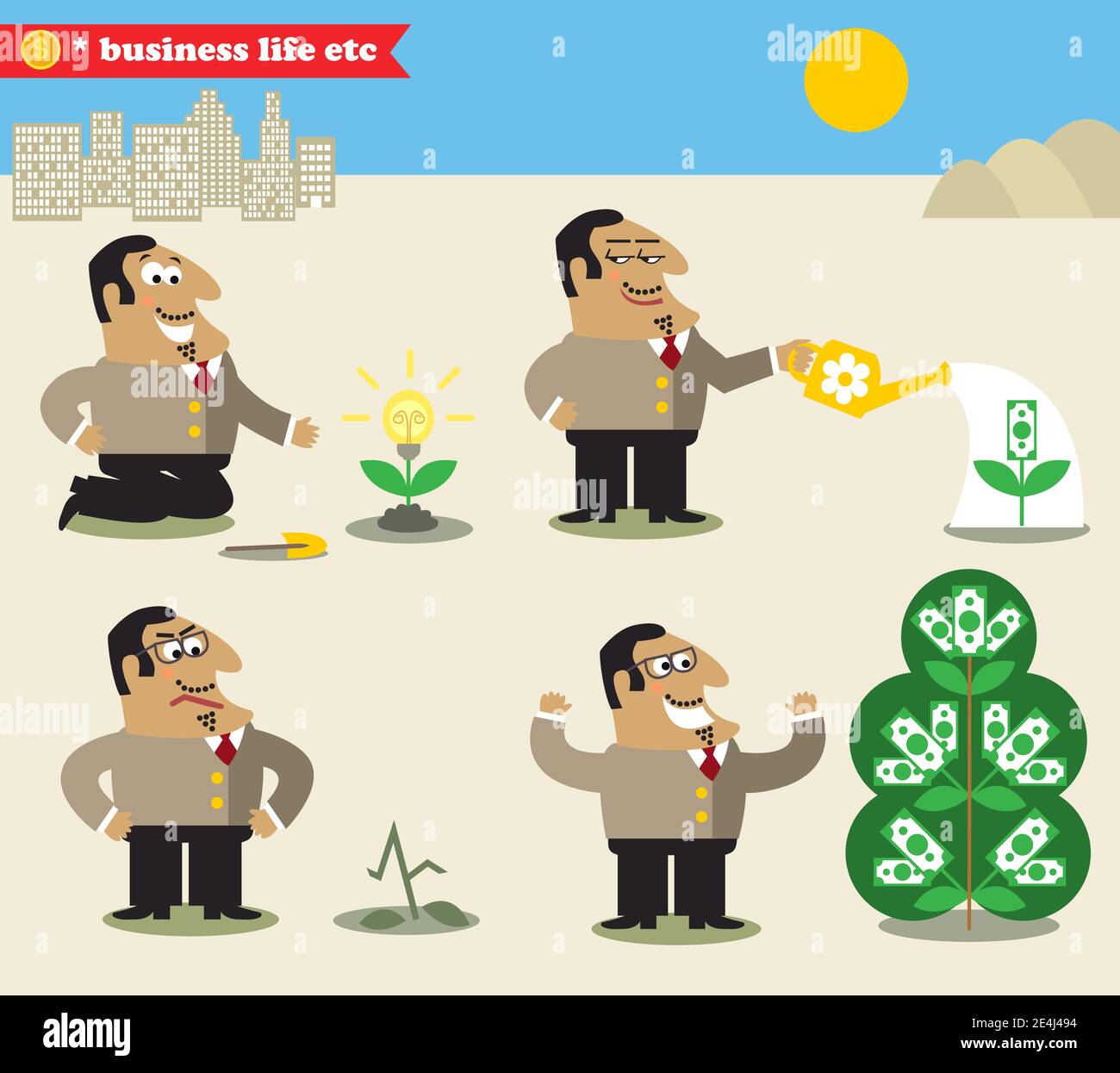 Business life. Boss watering tree from idea to profit set vector ...