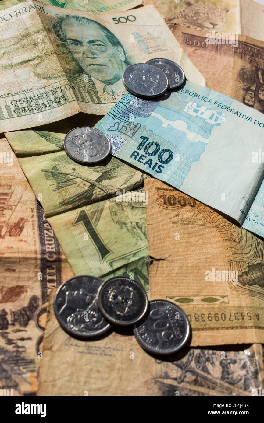 Various brazilian currencies, paper money, like reais, cruzados ...