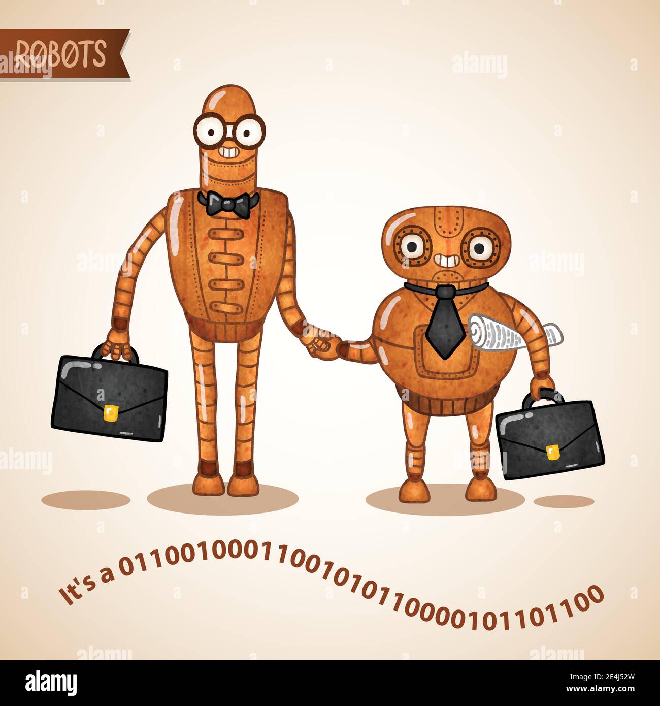 Business deal handshake concept by two retro robots vector illustration ...