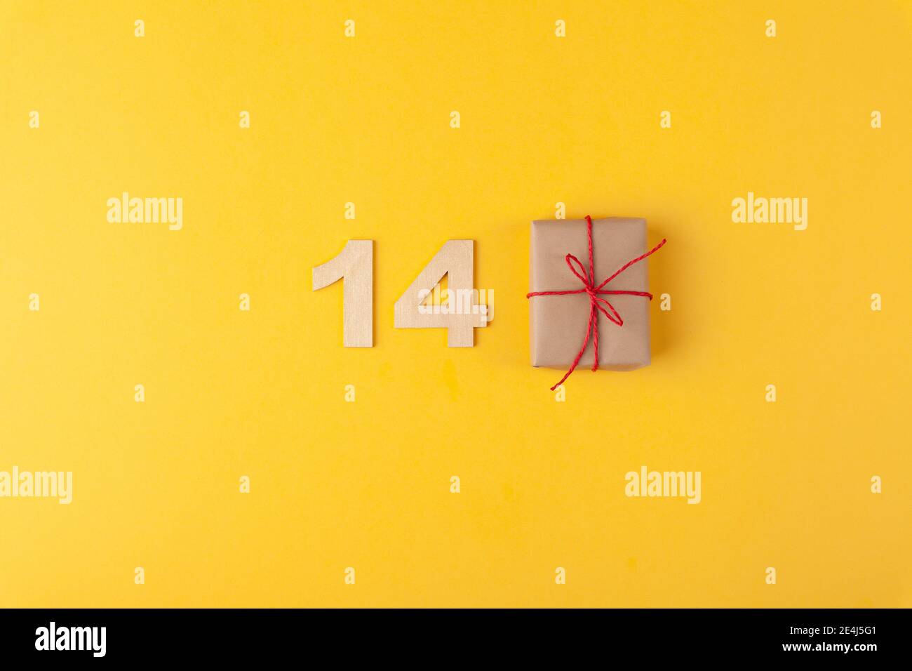 Golden numbers 14 on yellow background, greeting card february ...