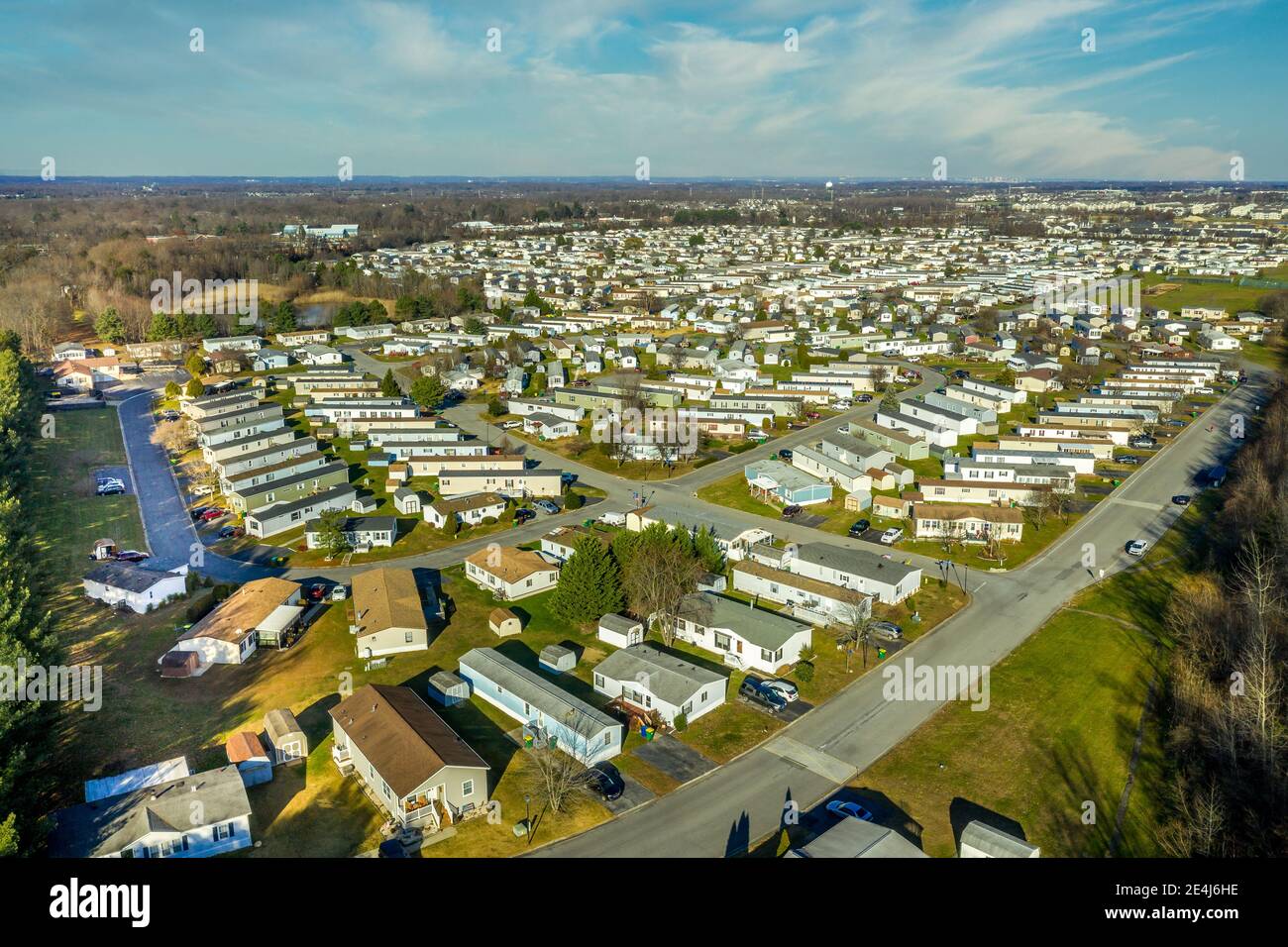 Aerial view of trailer park houses laid out like a fishbone typical ...