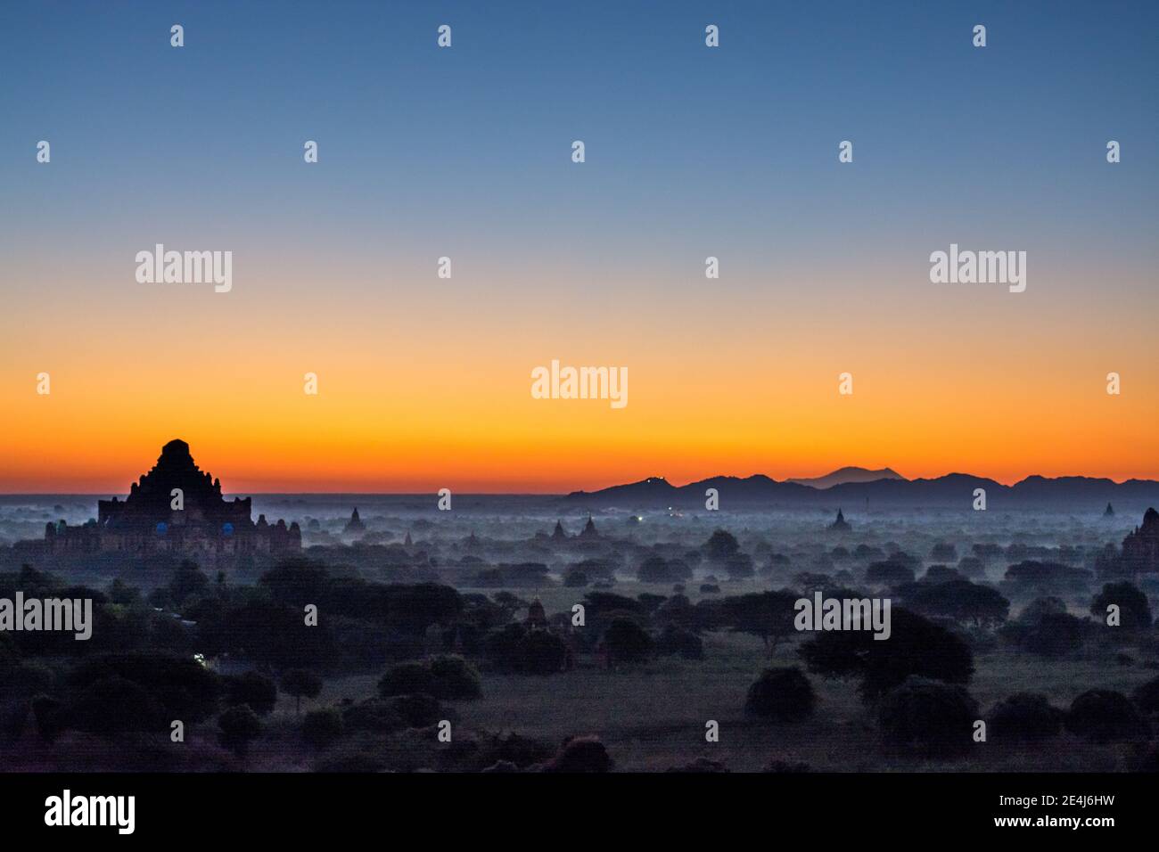 Bagan, Myanmar - View of pagodas at sunrise. Landscape of the Bagan ...