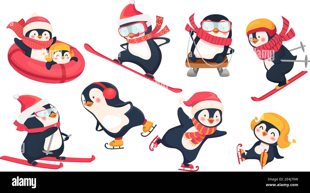Active penguins in winter. Winter sports on holidays flat illustration ...