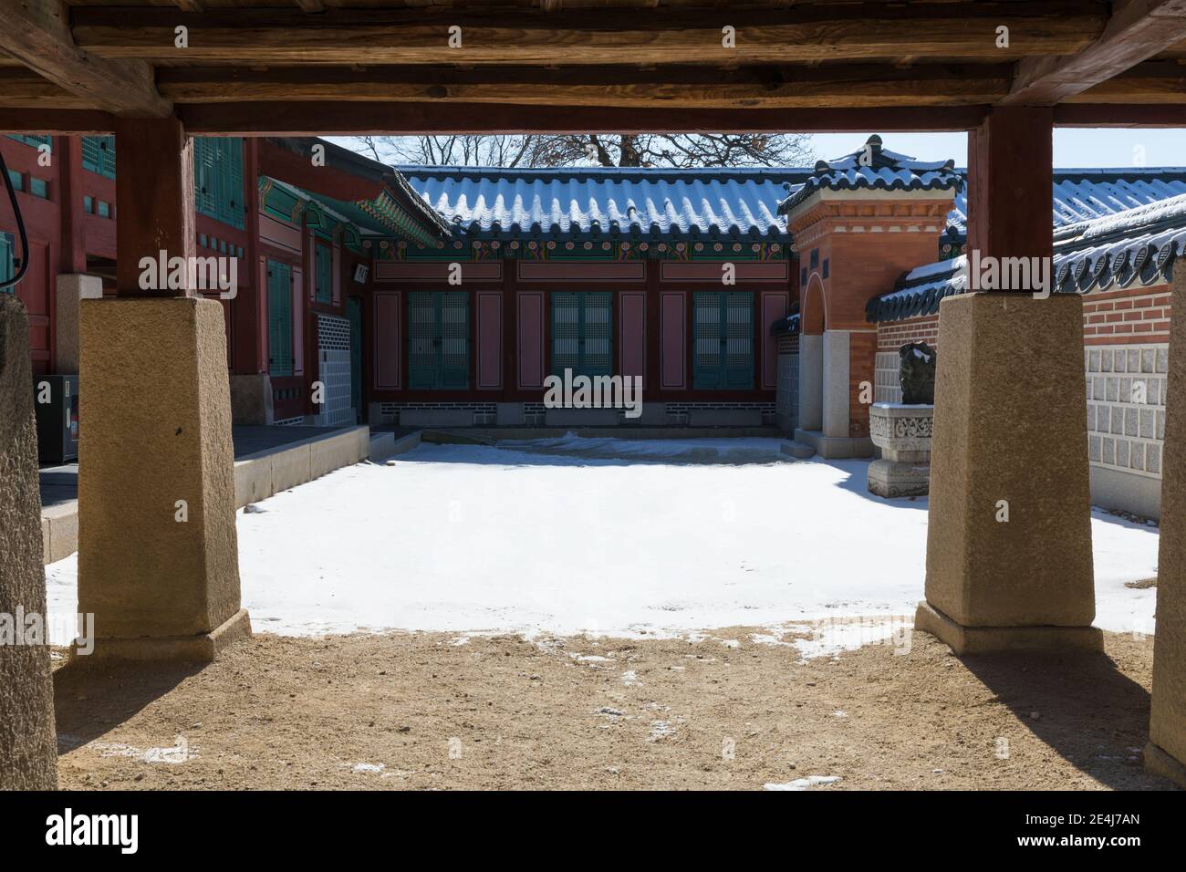Korean winter morning scenery, traditional hanok house covered with ...