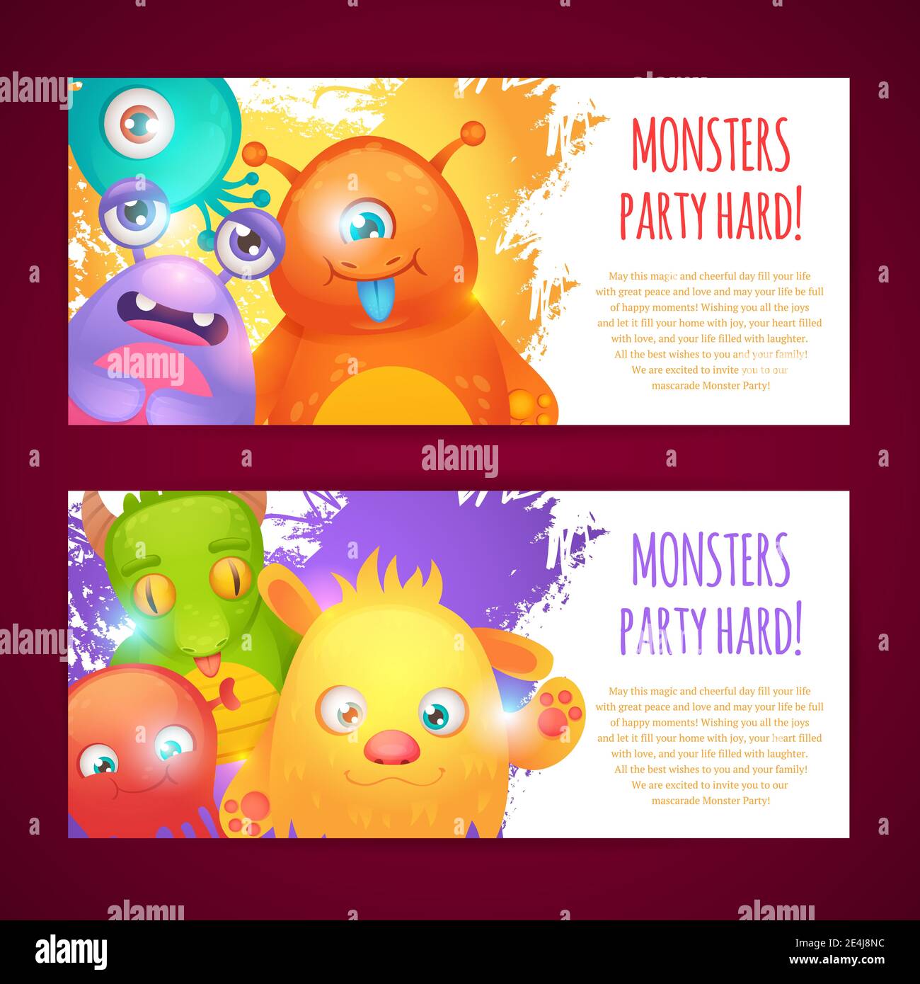 Cute cartoon monsters funny alien character party hard horizontal ...