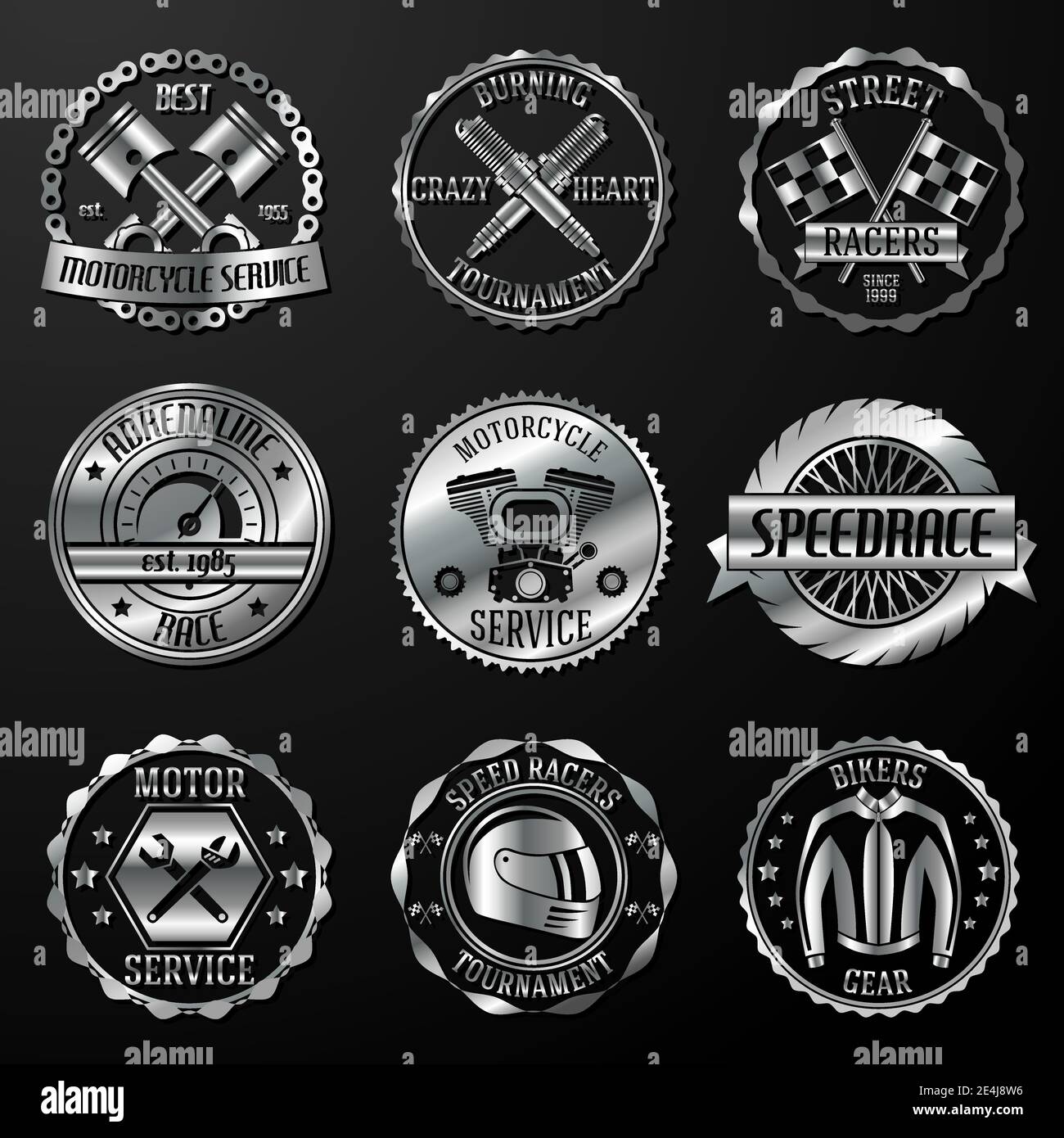 Motorcycle racing tournament motor service emblems metallic set ...