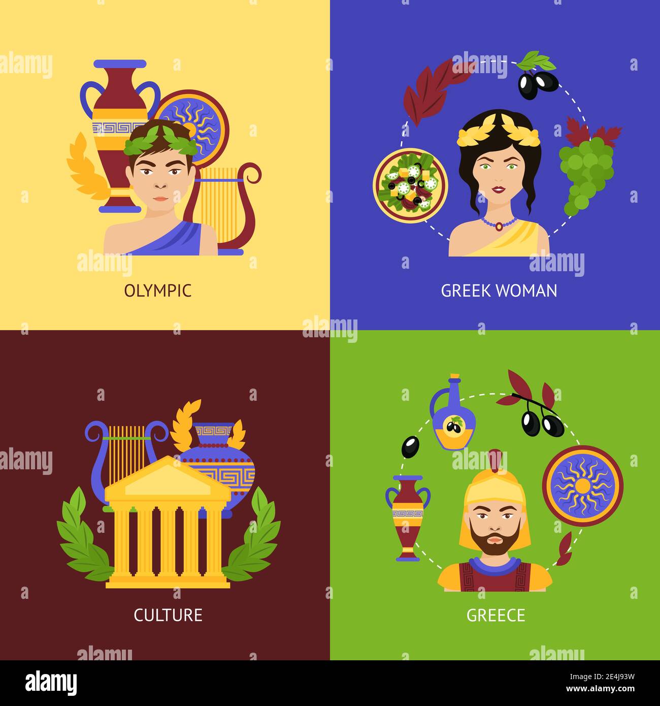 Greece flat icons set with olympic greek woman culture isolated vector ...
