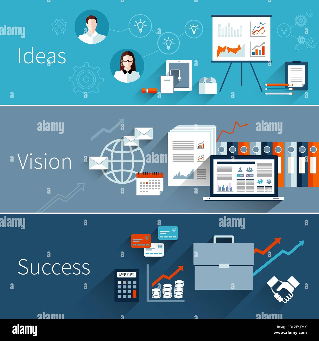 Business flat banner set with ideas vision success isolated vector ...