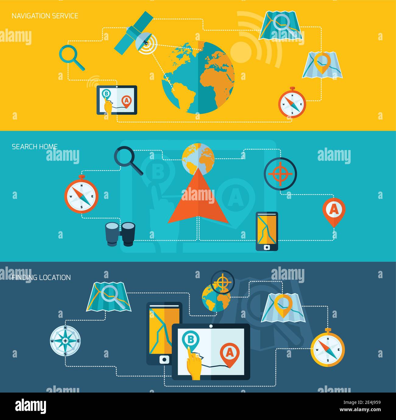 Navigation banner set with search home gps system finding location ...