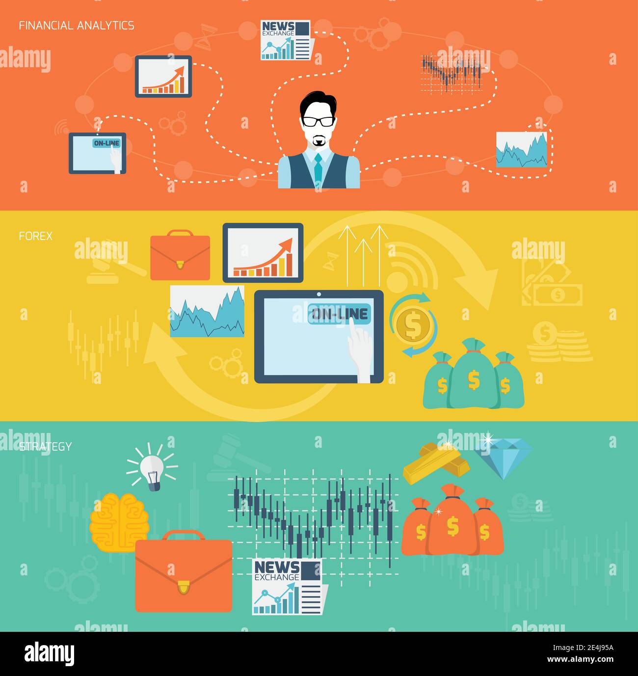 Finance exchange financial analytics forex strategy banner set isolated ...