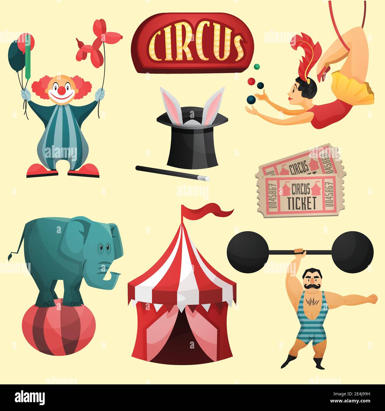 Circus decorative set with tent clown magic hat isolated vector ...