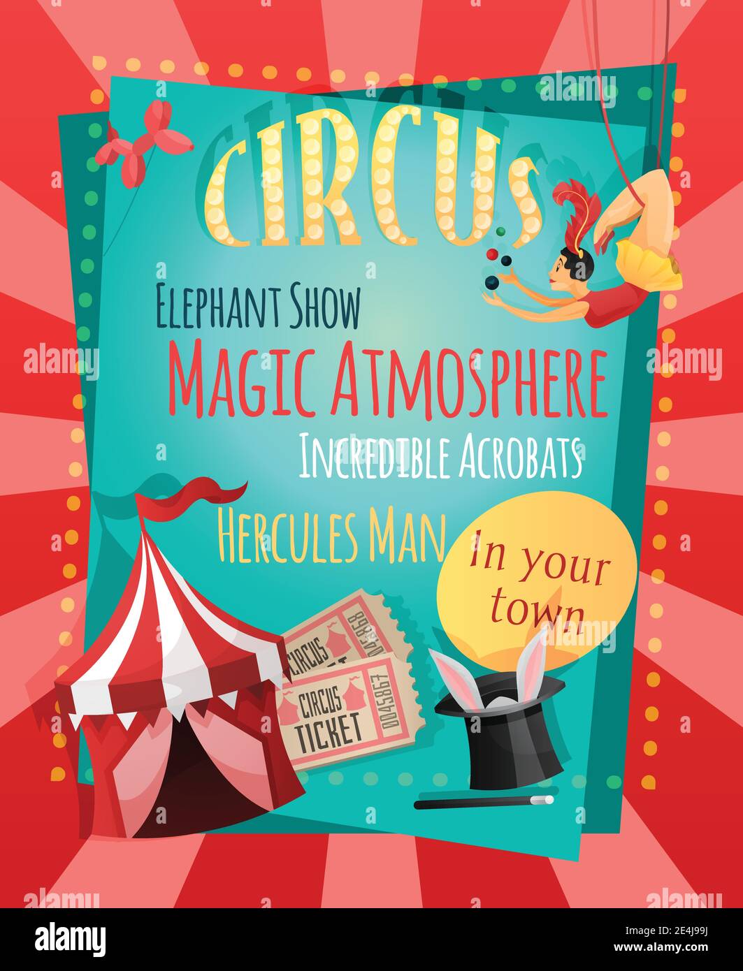Circus retro poster with elephant show magic atmosphere incredible acrobats hercules man vector ...