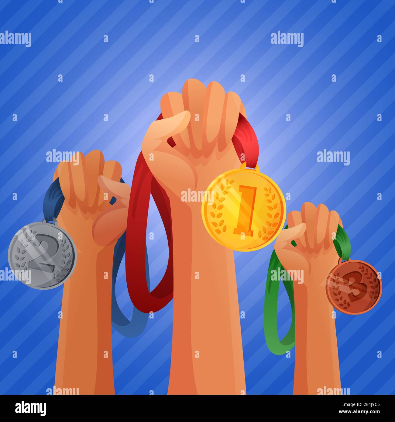 Winners hands holding winner victory golden silver and bronze medals ...