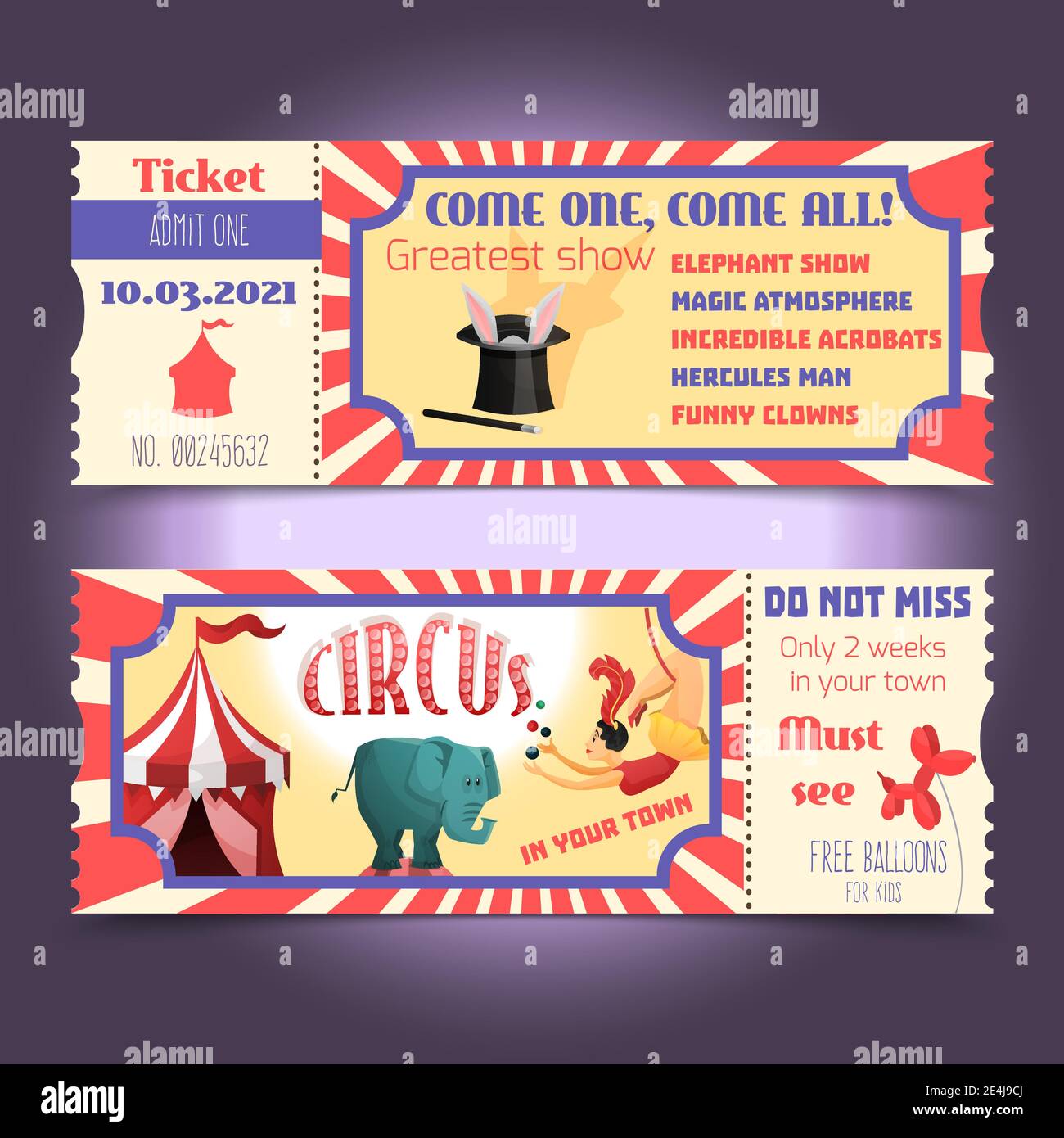 Circus retro tickets with animals acrobats magic hat isolated vector ...
