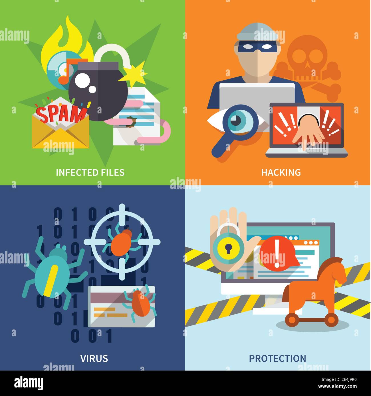 Hacker flat icons set with infected files hacking virus protection ...