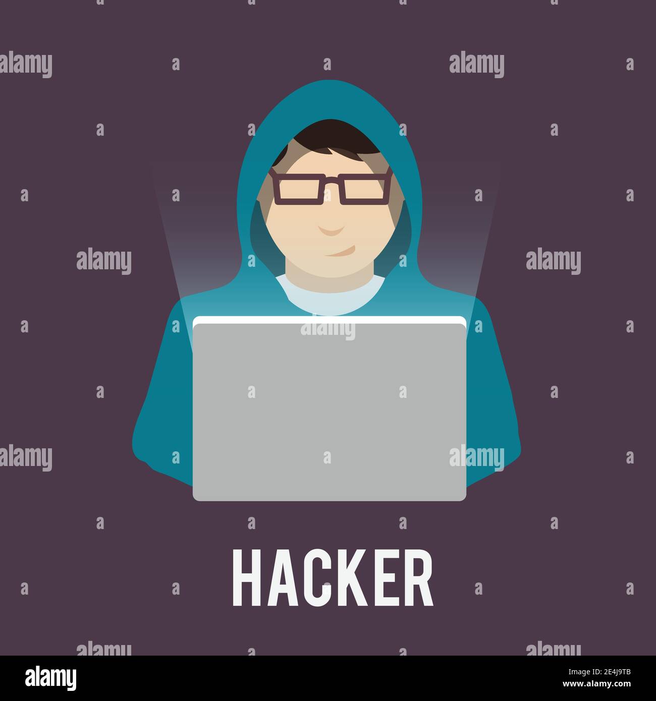 Hacker icon man in hoody with laptop flat isolated on dark background ...