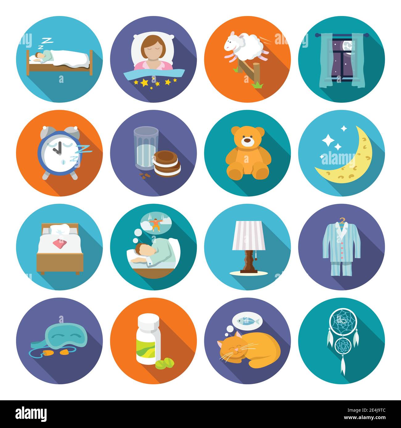 Sleep time icons flat set with window milk and cookies isolated vector ...