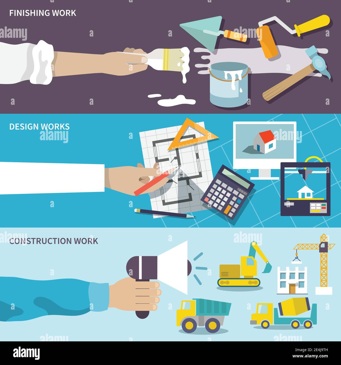 Construction design finishing work flat banner set with human hands ...