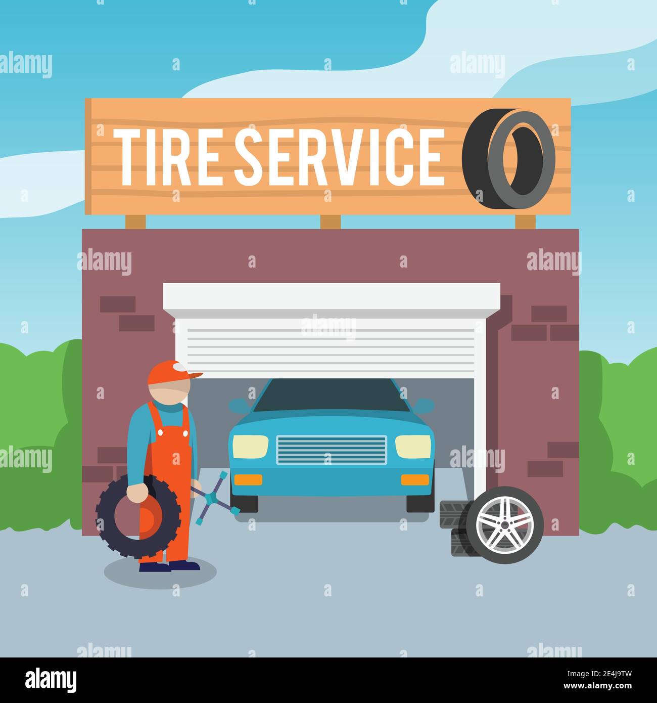 Tire wheel service shop garage with car and mechanic flat vector ...