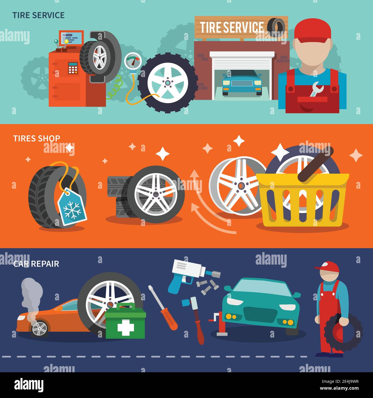 Tire service flat banner set with shop car repair mechanic isolated ...