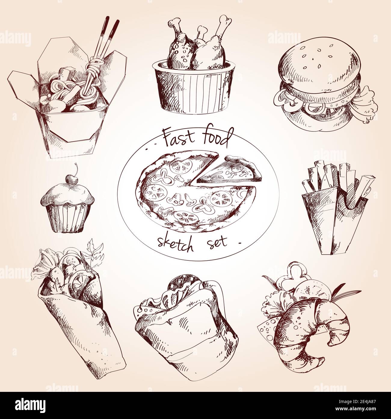 Fast food decorative sketch icons set of pizza spaghetti chicken ...