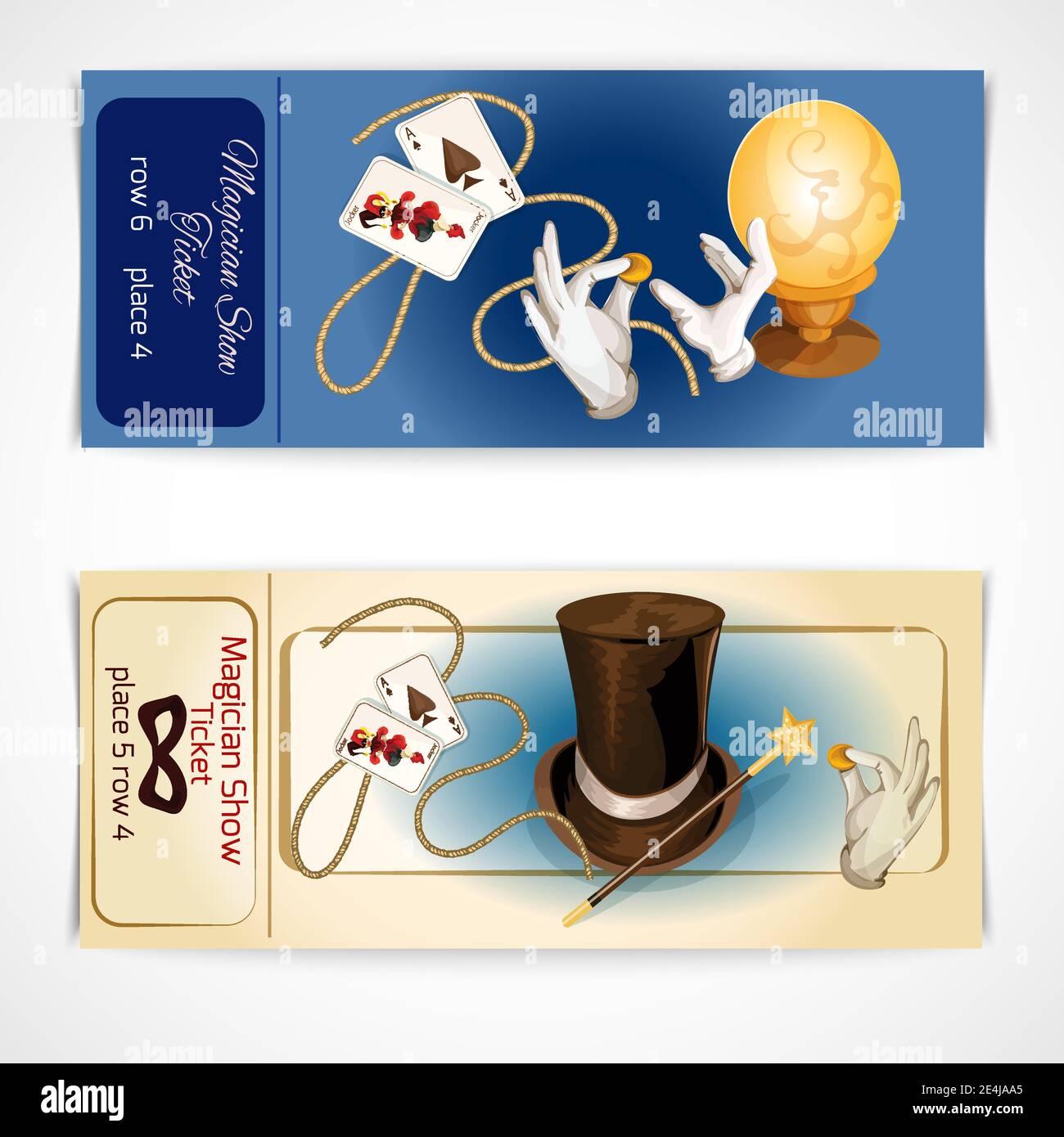 Magician show tickets set with magic and illusion accessory isolated ...