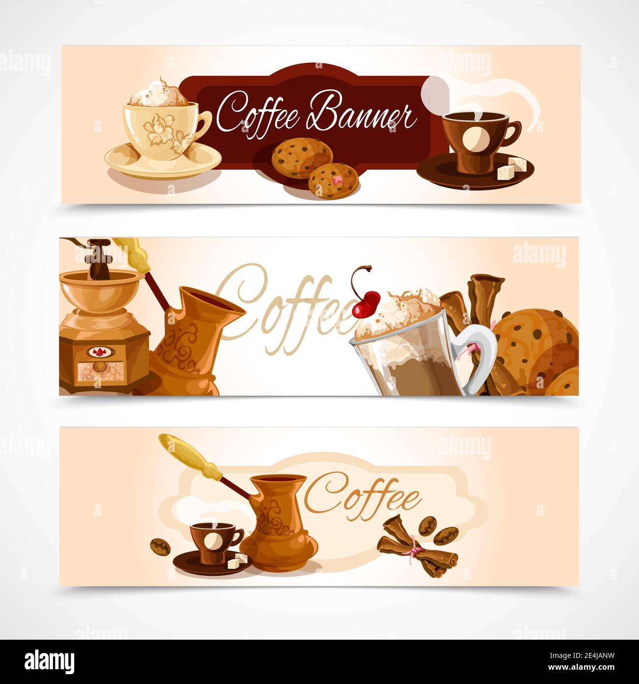 Coffee colored horizontal banners set with latte frappe espresso ...
