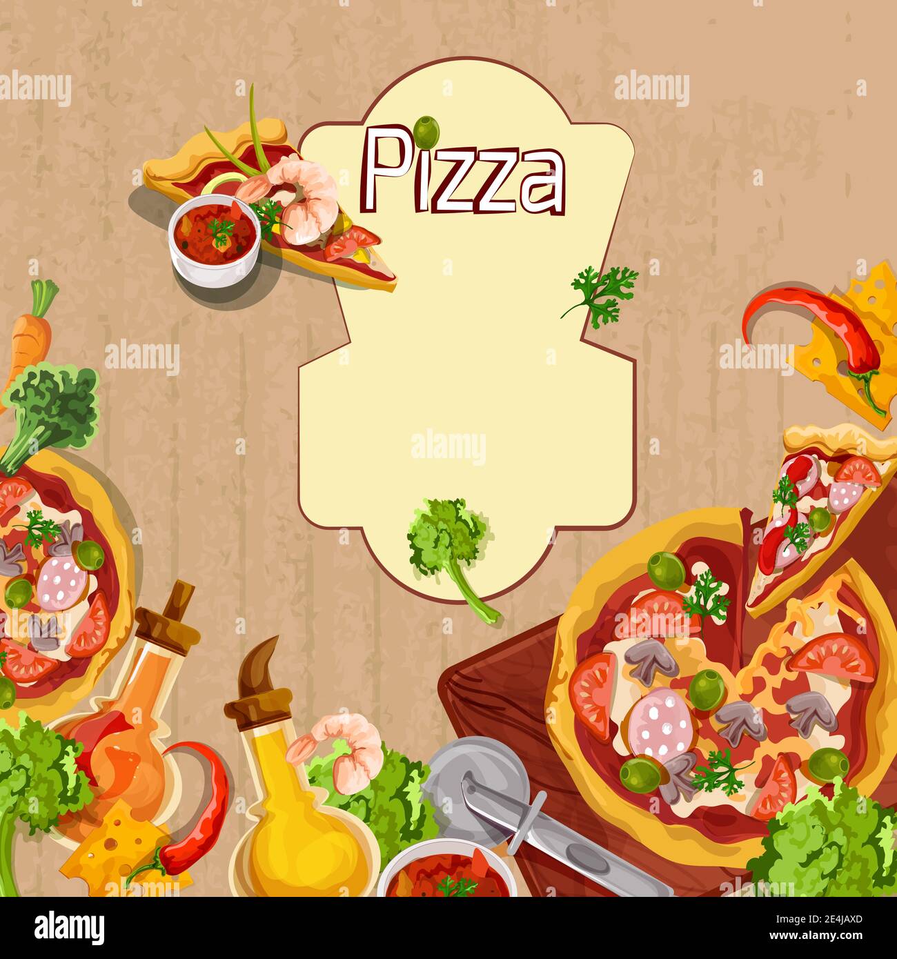 Delicious pizza cut food slices and seasoning background template ...