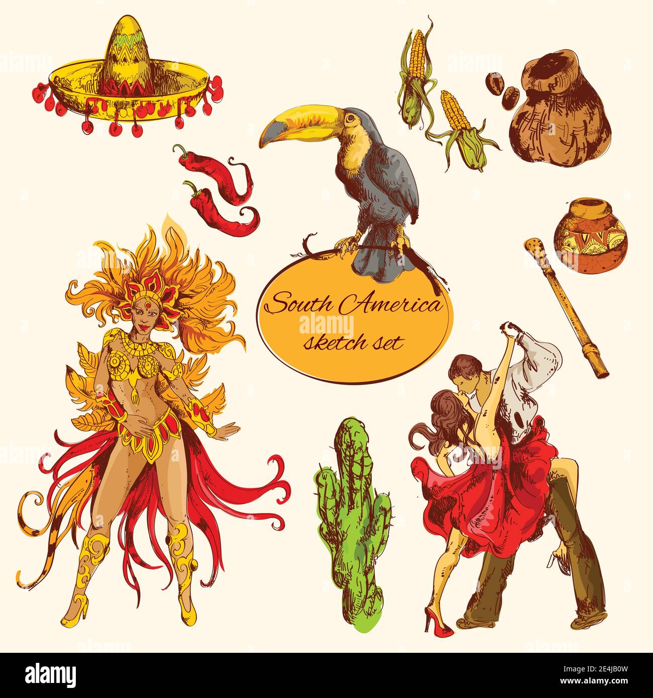 South america colored sketch symbols set with coffee maize tango ...